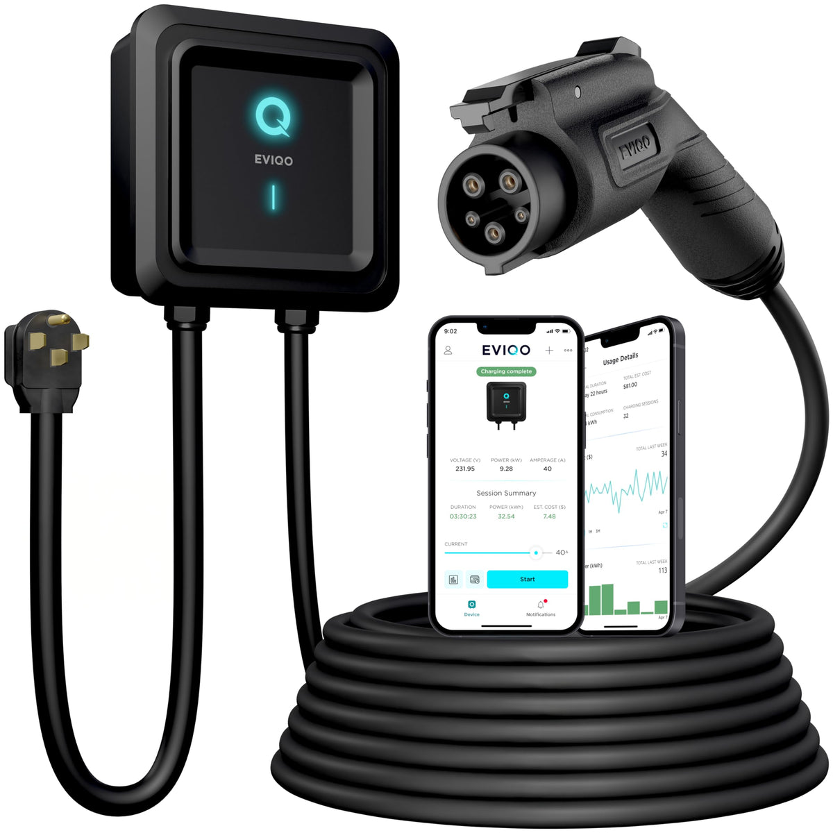 EVIQO Level 2 EV Charger J1772 Plug-In 48A (NEMA 14-50, Hardwire-Conve ...